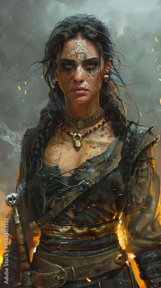 fierce female warrior with battle-worn attire and intricate jewelry ...