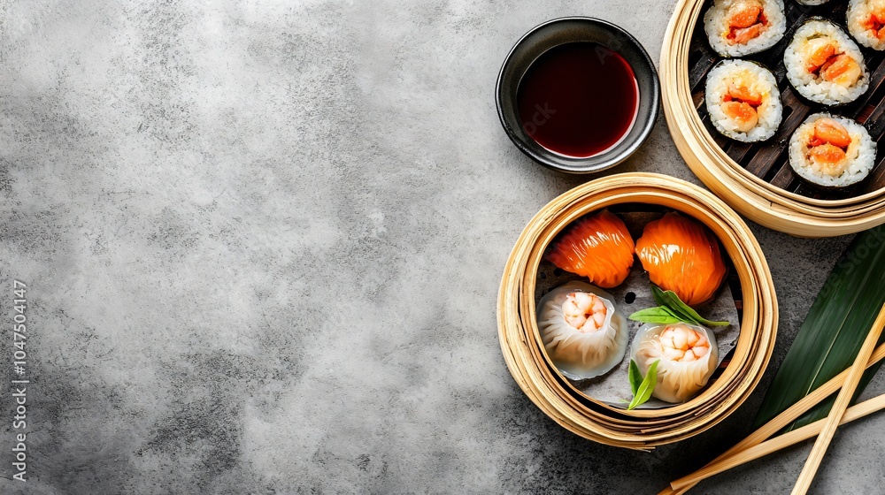 Bamboo basket of assorted dim sum, placed on a gray stone background ...