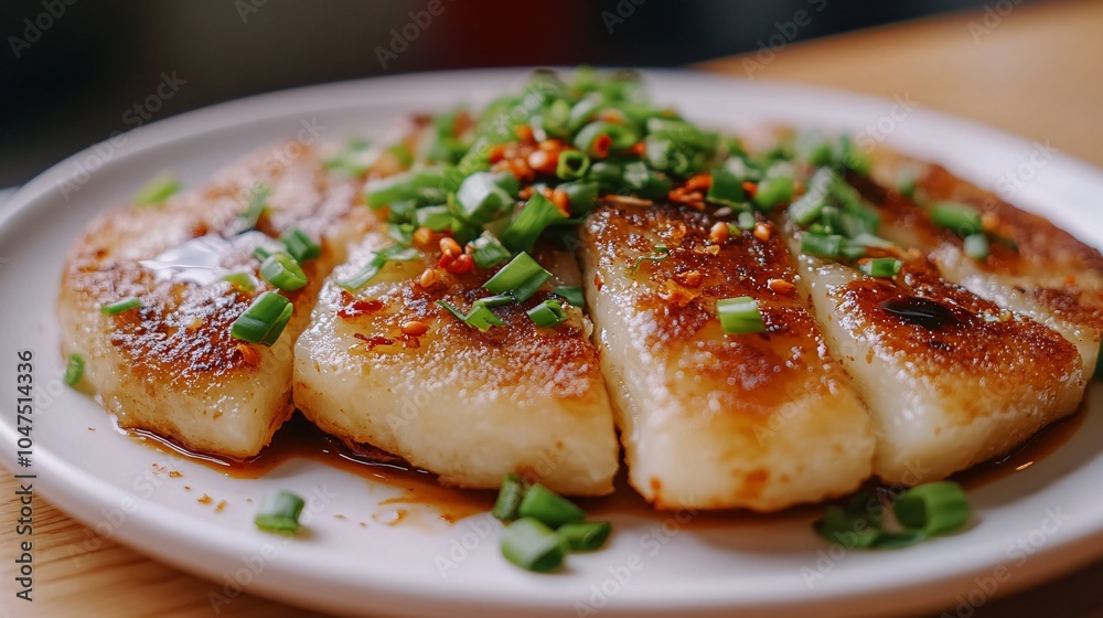 Pan-fried turnip cakes (lo bak go) on a white porcelain plate ...