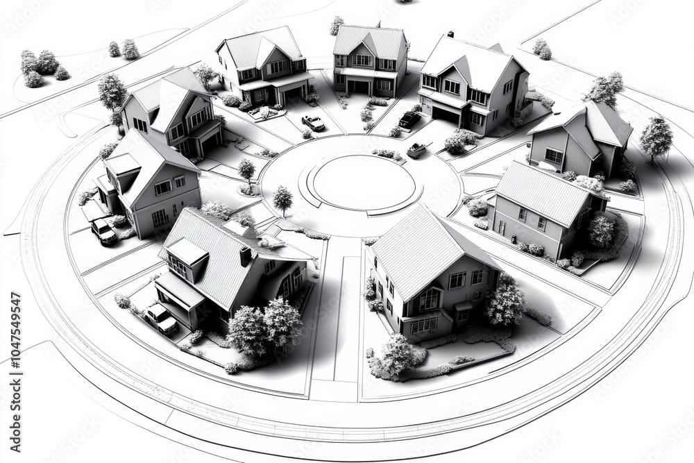 Simple geometric illustration of a cul-de-sac with houses forming a ...