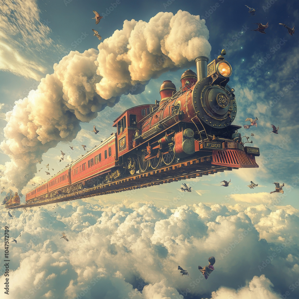 Flying trains glide effortlessly through the sky, futuristic and sleek ...