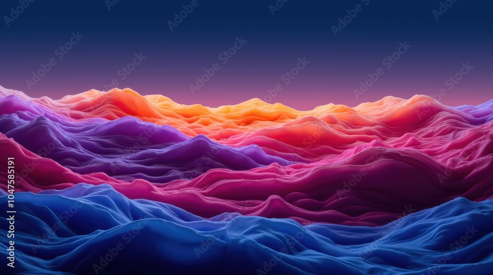 Swirling layers of vibrant glossy ribbons in sunset colors form a ...