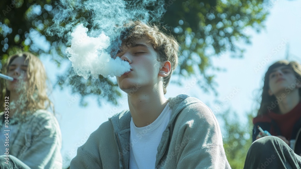 Troubling Teen Vaping Scene in Park with Health Risk Symbols | Ultra ...