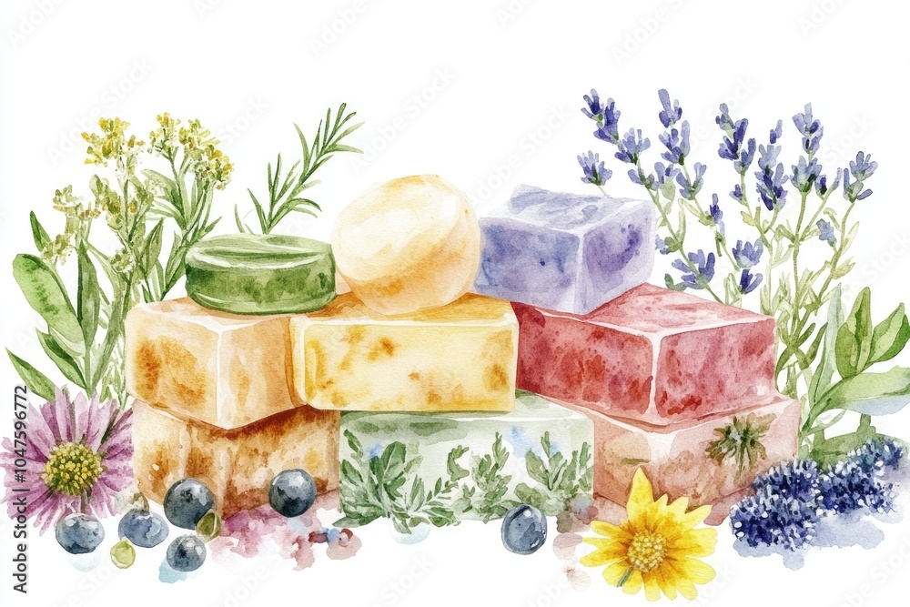 Organic Handmade Soap Set. Watercolor Illustration of Herbal Spa ...