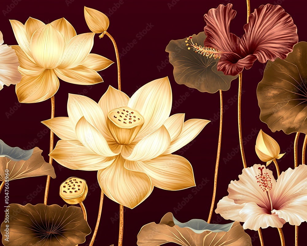 Elegant golden lotus and tropical hibiscus pattern on a deep maroon ...