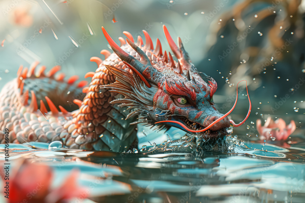 Dragon is swimming in the water with its mouth open. The dragon is ...