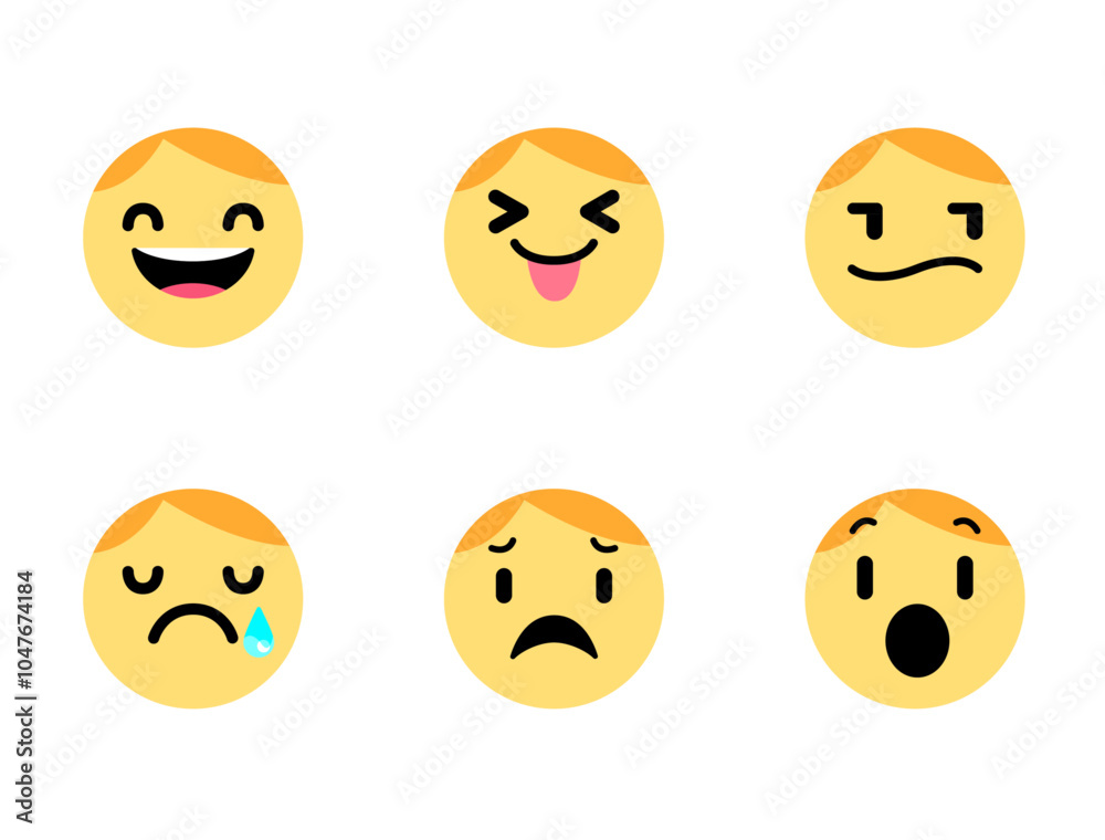 Emoticon pack 6 man face emotions with facial expressions happy, sad ...