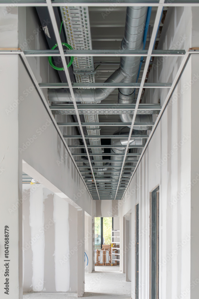 View from below on ceiling ventilation system, ceiling construction ...