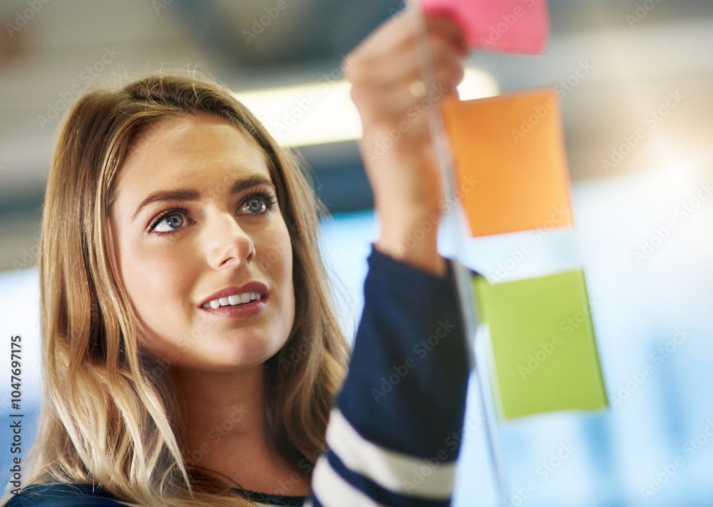 Thinking, business and girl with notes on glass wall for planning ...