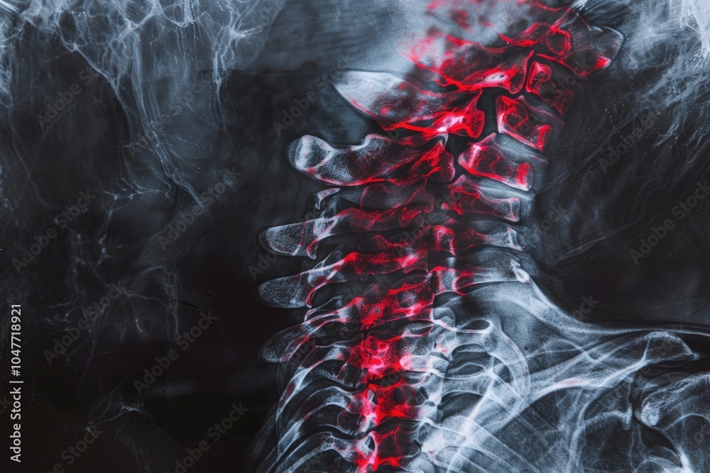 Detailed x-ray image of a human spine showing vertebrae and surrounding ...