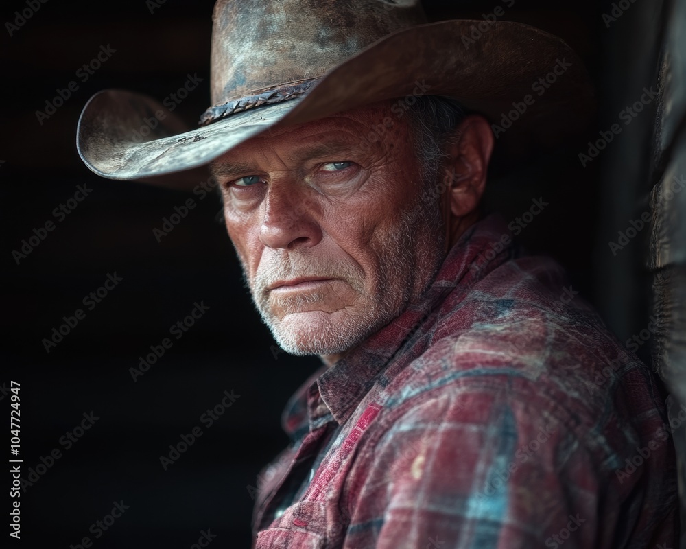 portrait of a cowboy rancher in his 60s in a cowboy hat on a ranch ...