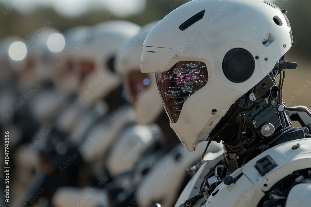 A group of white robots stands arranged in a precise formation outdoors ...