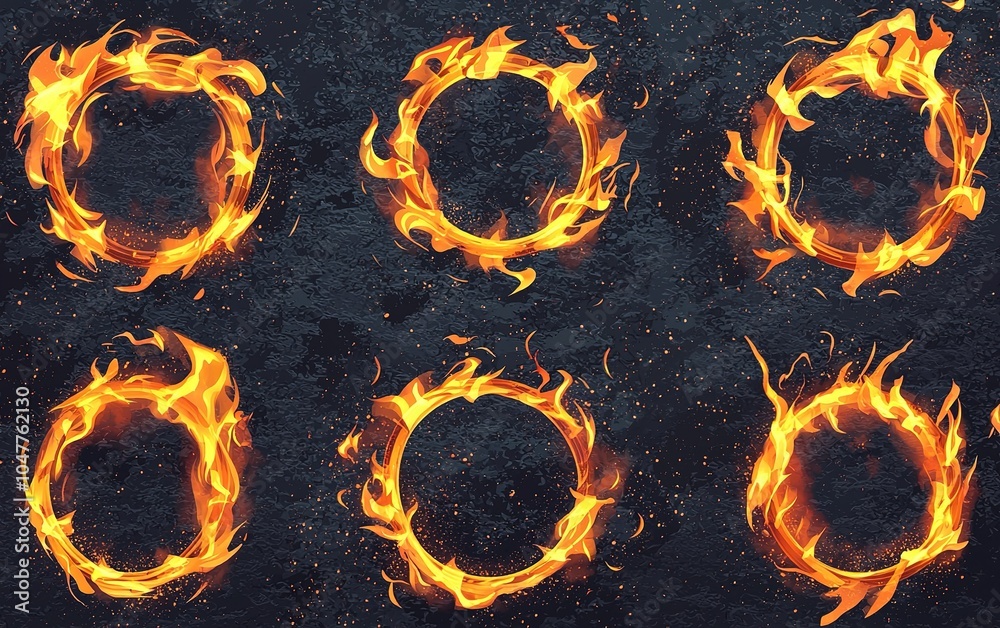 Flames forming circular rings on a dark background showcasing various ...