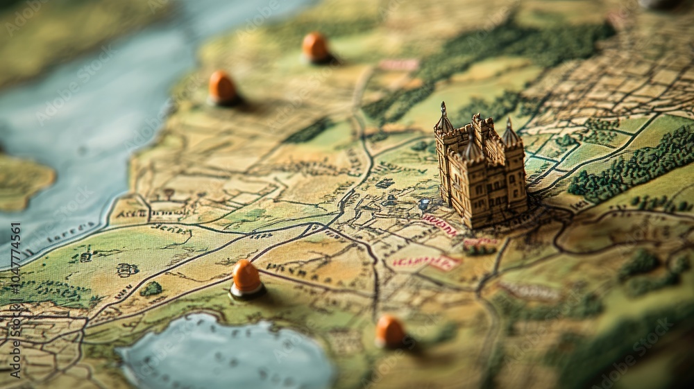 Detailed map with markers and 3D castle model Stock Illustration ...
