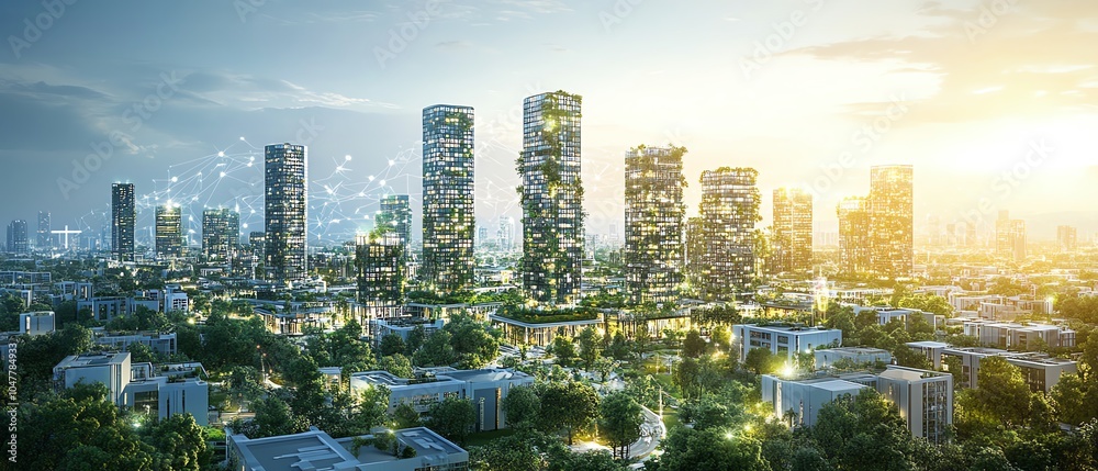 Futuristic city design with smart buildings integrated into a digital ...
