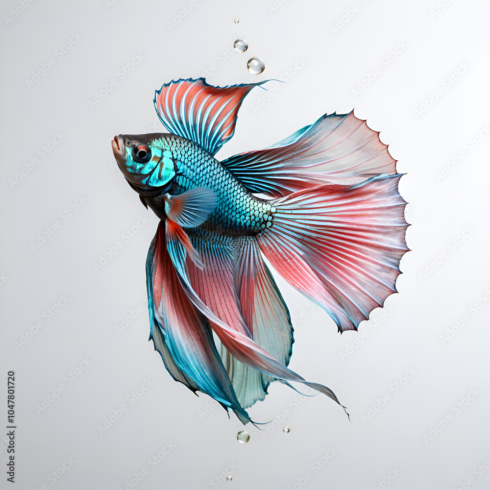 pearl red-azur color Betta fish with long tail and fins posing against ...