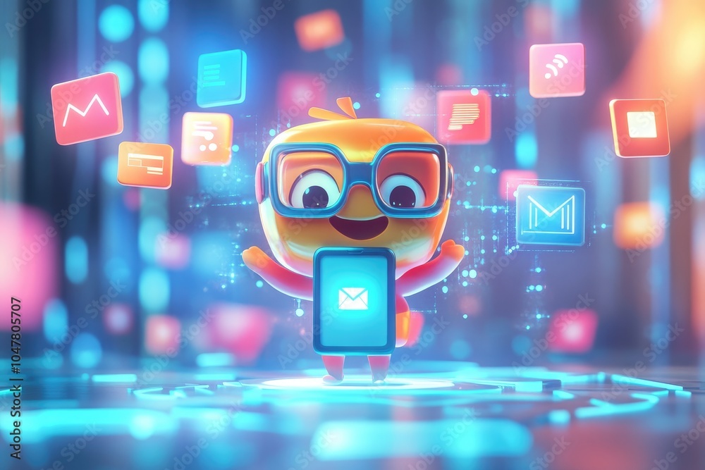 Cute Cartoon Character Enthusiastically Interacting with Digital Apps ...