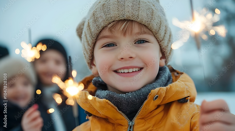 Cheerful group of children waving colorful sparklers at a cozy family ...