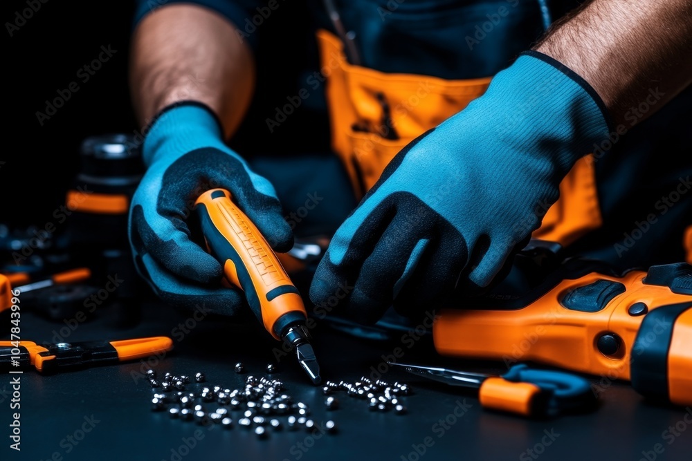A car mechanic taking apart a wheel assembly, with nuts and bolts laid ...