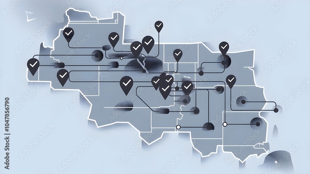 minimalist map with voting markers and checkmarks on light grey ...