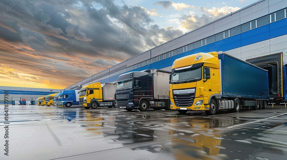 Multiple trucks and vans are lined up at a warehouse, with preparations ...