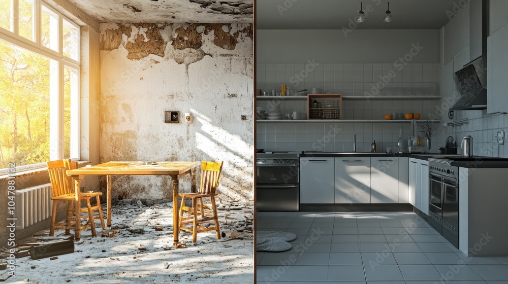 Before and after renovation of a kitchen, showing a dilapidated room on ...