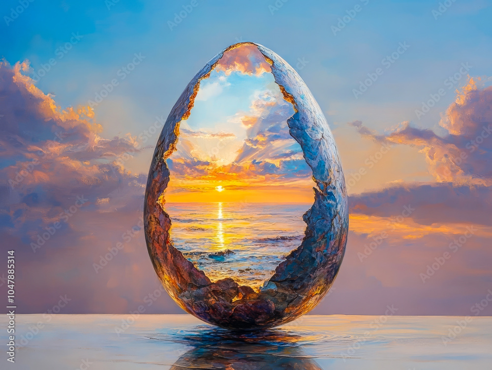 Dreamlike artwork of an egg with a sunset seascape inside, symbolizing ...