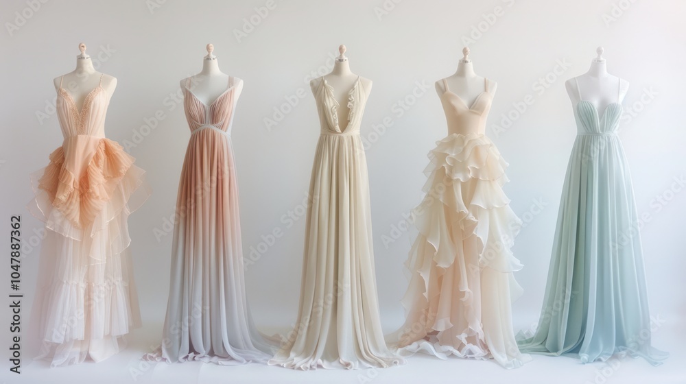 Five Elegant Wedding Dresses with Ruffles and Different Color Gradients ...