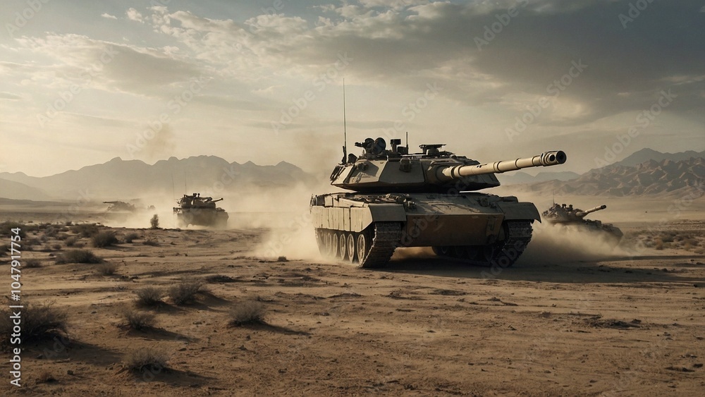 A group of heavily armed tanks roll through a dusty desert battlefield ...