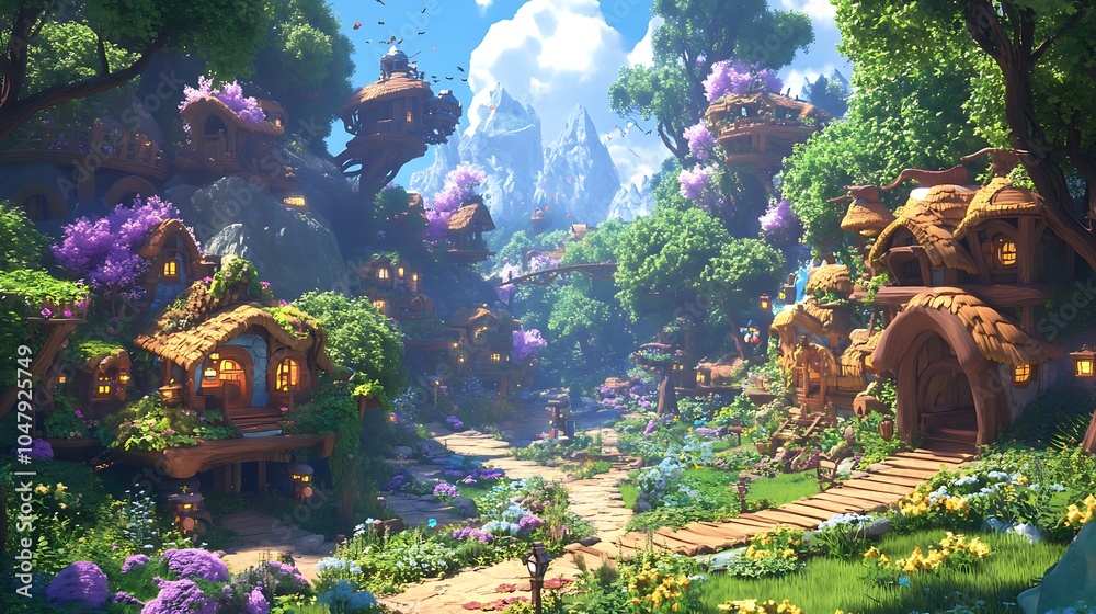 Enchanted Forest Village with Stone Pathway and Lush Greenery. Stock ...