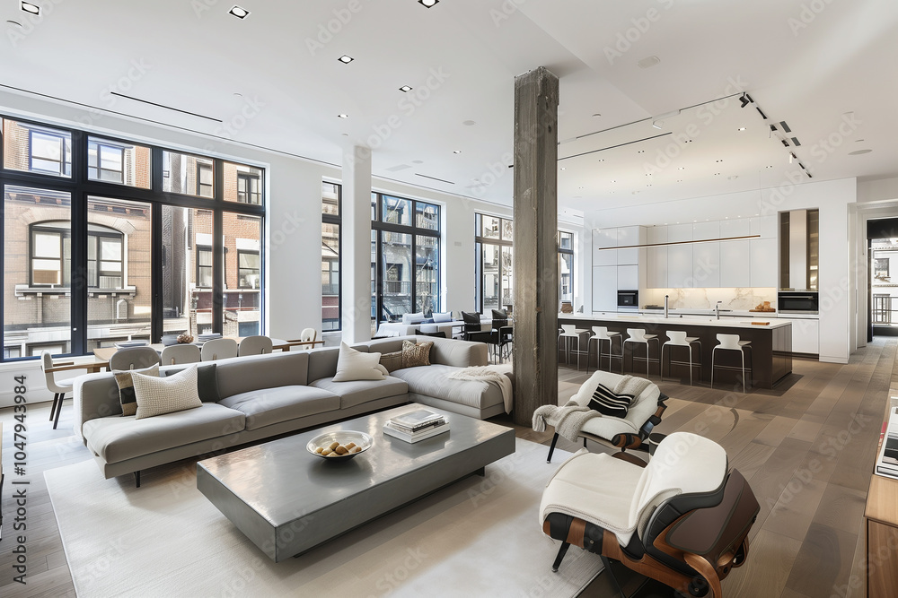 Open-plan living room with floor-to-ceiling windows, a low-profile gray ...
