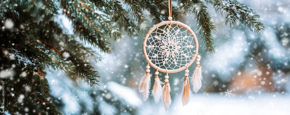 Handmade wiccan amulet hanging on fir tree in winter snowy forest ...