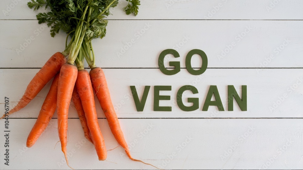 Vibrant carrots on a rustic wood background promoting "Go Vegan ...