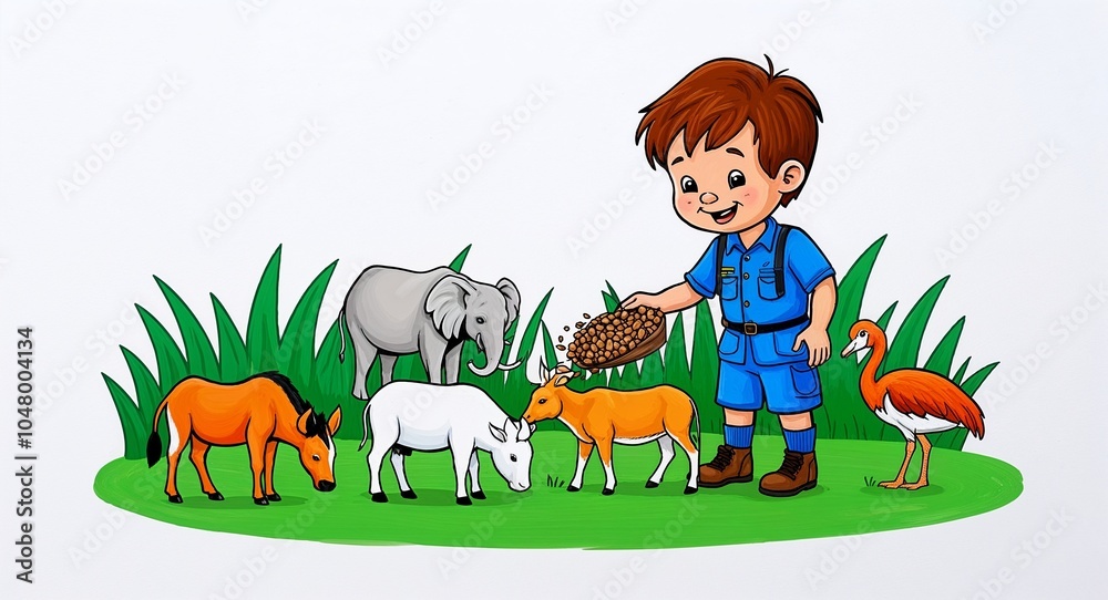 Hand drawing clipart of a boy zookeeper feeding animals on plain white ...