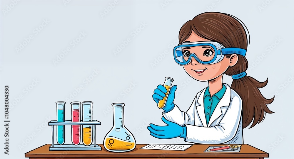 Hand drawing clipart of a girl scientist with safety goggles and test ...