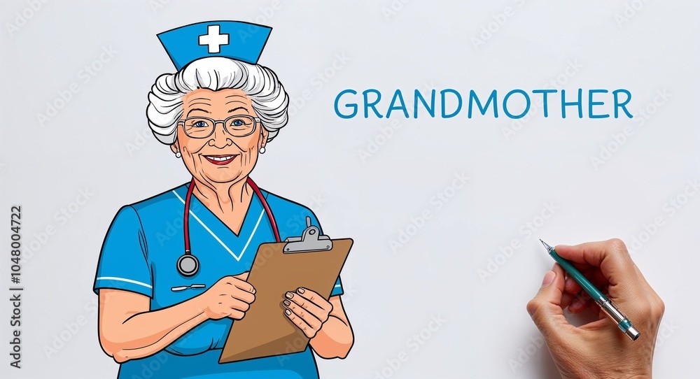 Hand drawing clipart of a grandmother nurse with a clipboard and ...