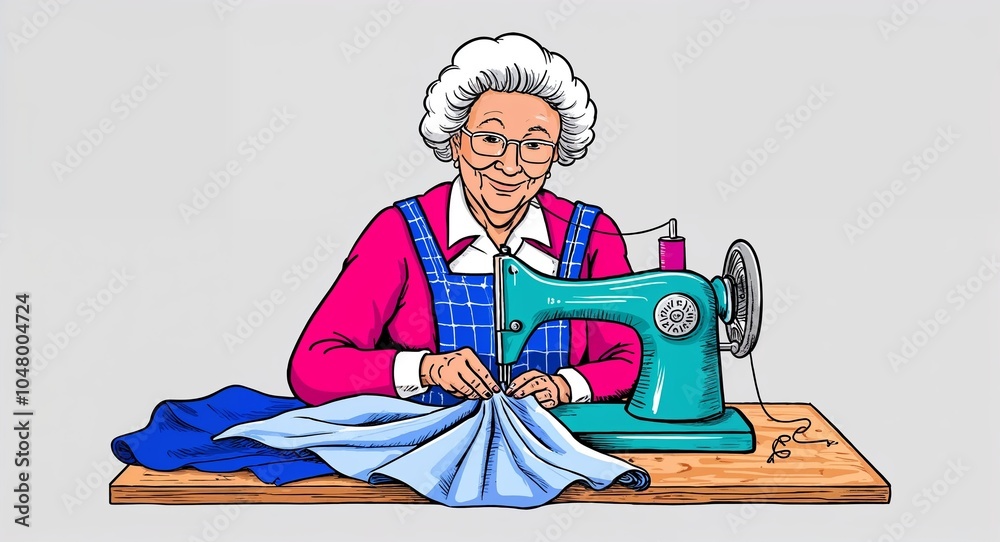 Hand drawing clipart of a grandmother seamstress sewing fabric with a ...