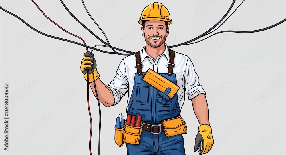 Hand drawing clipart of a man electrician with wires and a tool belt on ...