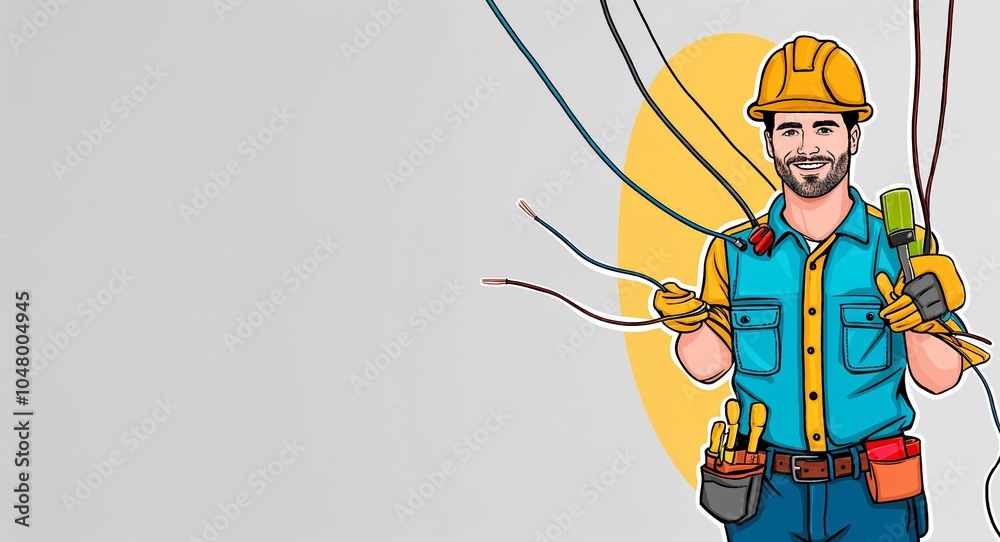 Hand drawing clipart of a man electrician with wires and a tool belt on ...