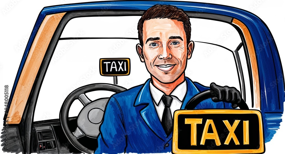 Hand drawing clipart of a man taxi driver with a steering wheel and ...
