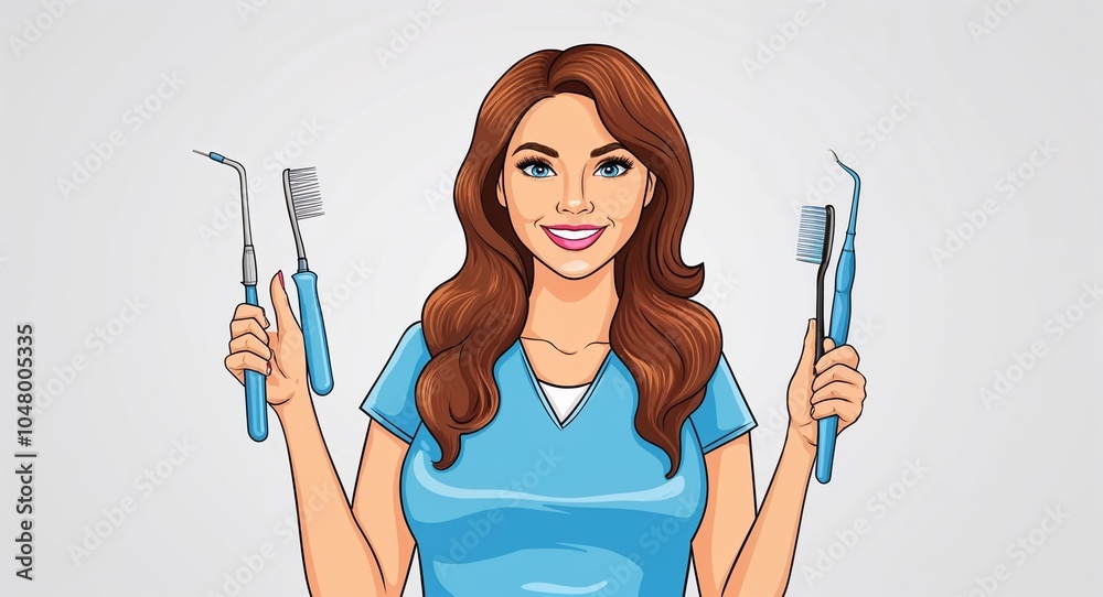 Hand drawing clipart of a woman dentist holding dental instruments on ...