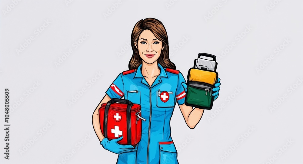 Hand drawing clipart of a woman paramedic with an emergency kit on ...