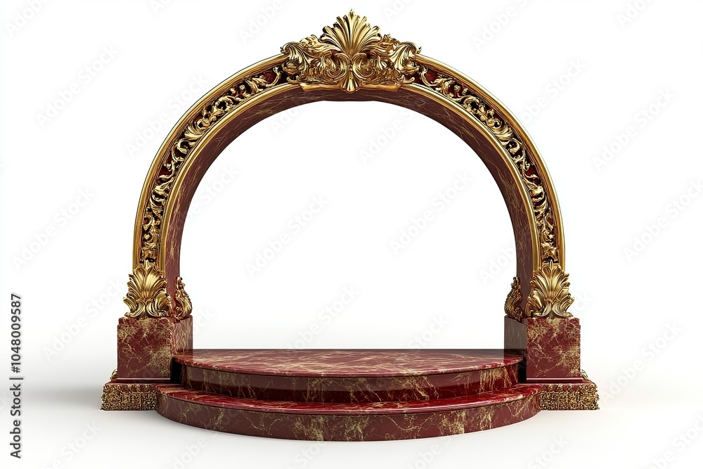 luxury red and gold marble arch frame with curved stone stage and ...