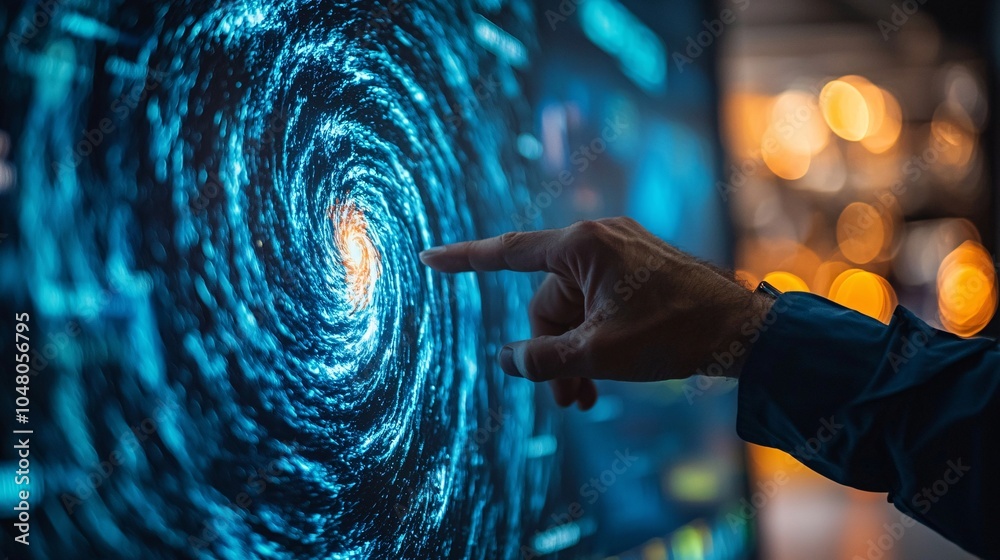 Meteorologist pointing at hurricane tracking screen in command center ...