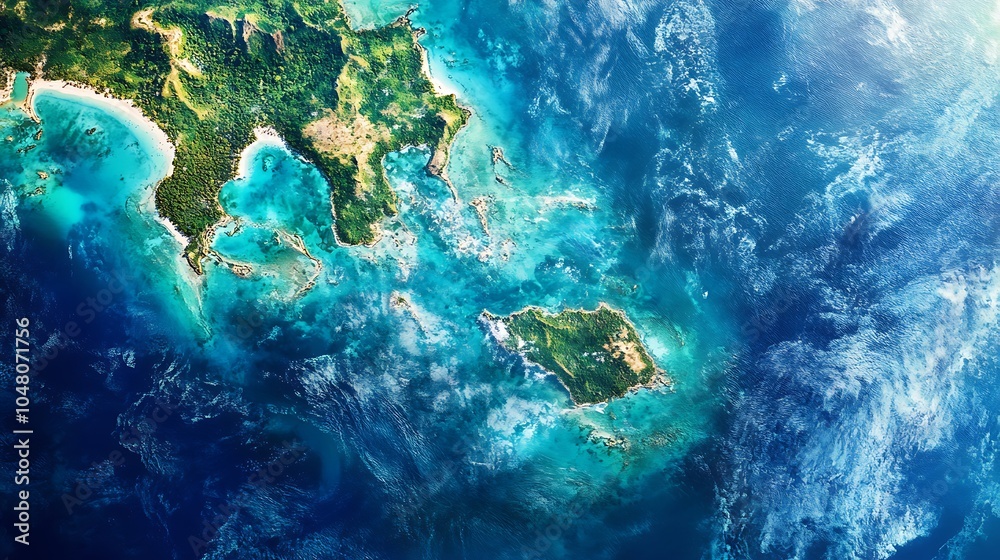 Satellite image showing the Earth's oceans with visible coral reefs and ...