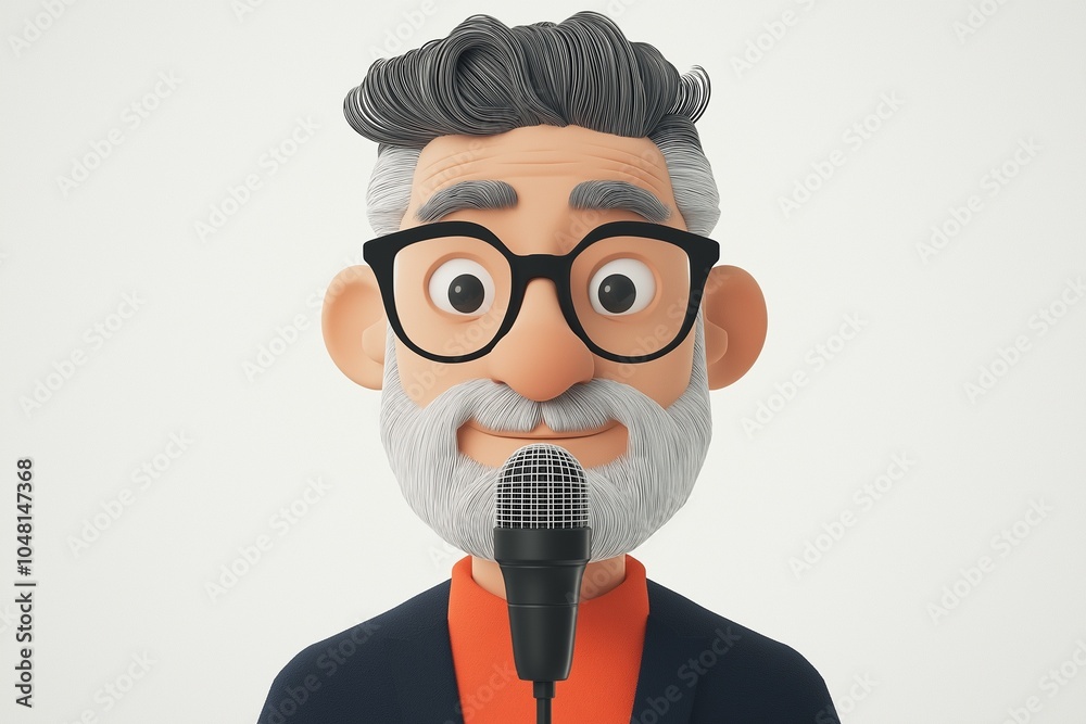 Cartoon news reporter with glasses and microphone delivering a story in ...