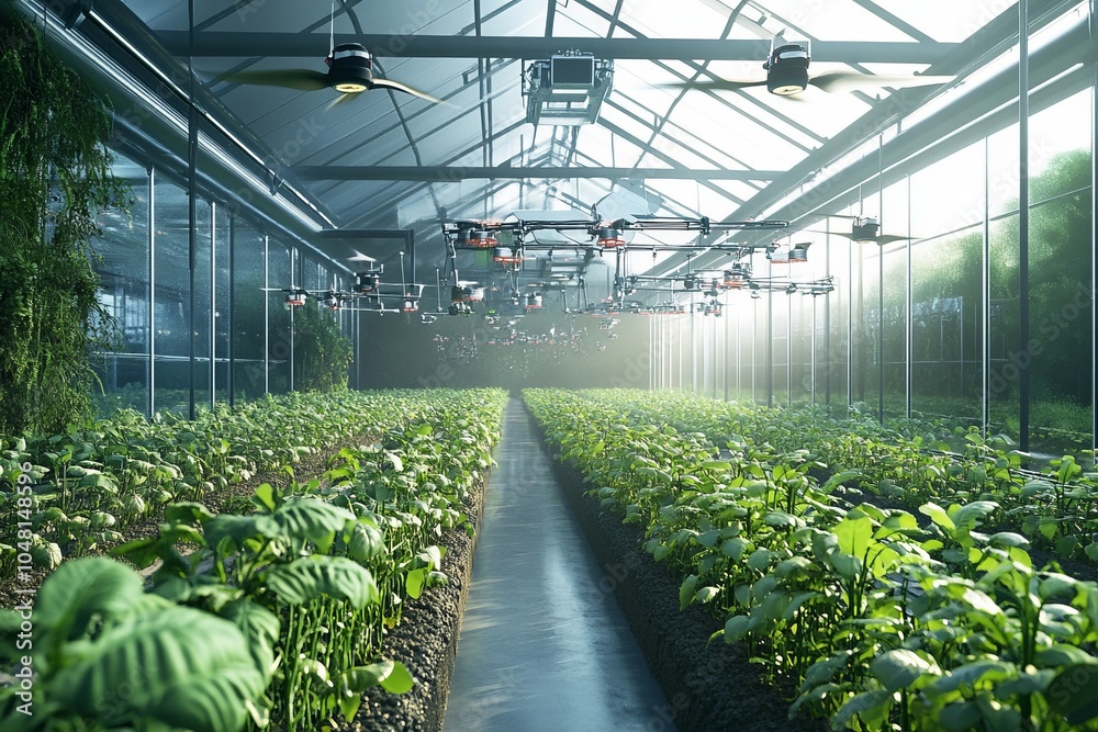 A futuristic biotech farm where crops are grown using genetic ...