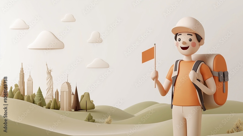 A cheerful cartoon tour guide with a backpack and orange flag, ready to ...