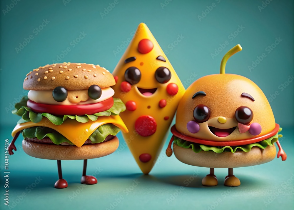 Adorable Fast Food Mascots - Happy Cheeseburger, Pizza, Croissant, and ...