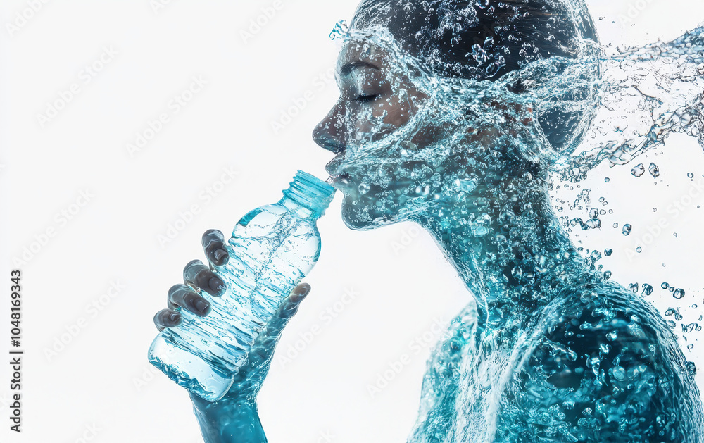Surreal water figure drinking from a bottle, symbolizing hydration ...